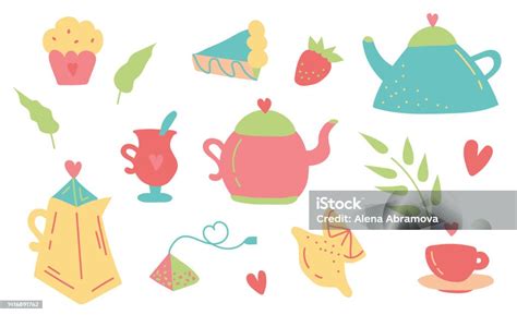차 액세서리 세트 오후의 티 타임 다도 요소의 손으로 그린 벡터 세트 주전자 차 찻잎 케이크 머핀 및 기타 맛있는 음식 티 타임 컬렉션 만화 벡터 일러스트 레이 션 0명에