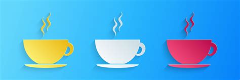 종이 잘라 커피 컵 아이콘은 파란색 배경에 격리 차 컵 뜨거운 음료 커피 종이 아트 스타일 벡터 0명에 대한 스톡 벡터 아트 및