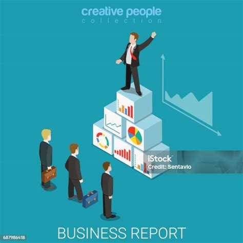 기업 비즈니스 보고서 평면 3d 아이소메트리 아이소메트릭 개념 웹 벡터 일러스트 레이 션 통계 표시기 그래픽에 대 한 야심찬 표현 사업가 상자 피라미드 연설 크리에이 티브