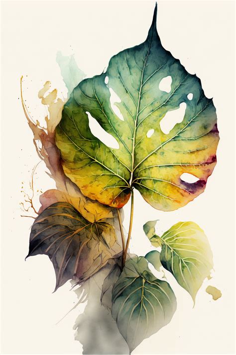 Leaf Stamp Watercolor Art Print Vintage Botanical Decor