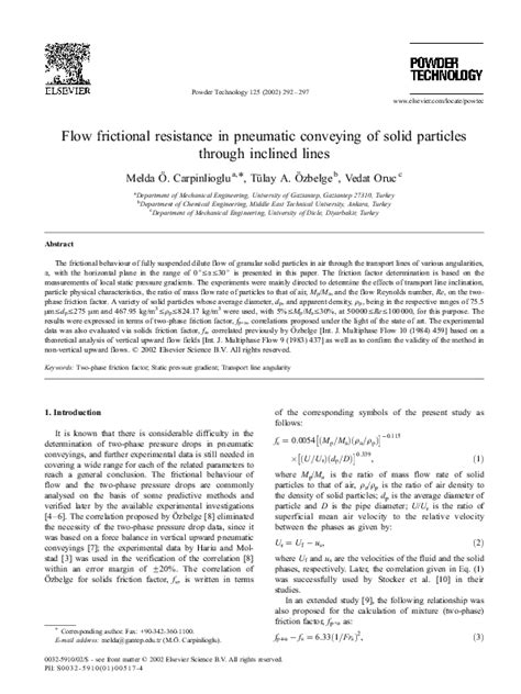 Pdf Flow Frictional Resistance In Pneumatic Conveying Of Solid