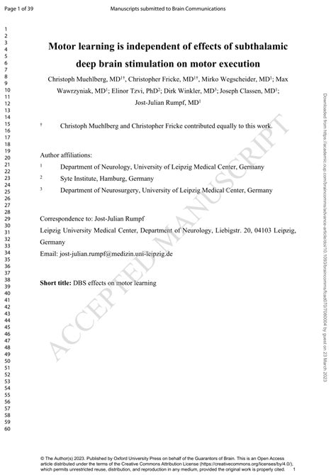 Pdf Motor Learning Is Independent Of Effects Of Subthalamic Deep Brain Stimulation On Motor