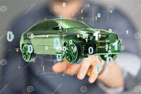 Green Car 3d Rendering Hologram Surrounded By Binary Codes With A