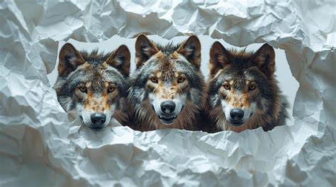Three Wolves Peeking Through Crumpled Paper Premium Ai Generated Image