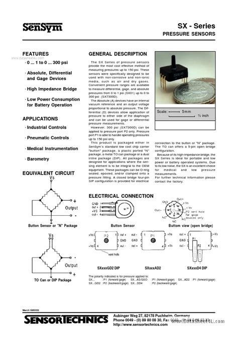 Sx15 Datasheet Pdf Pressure Sensor Download Sensym Sx15