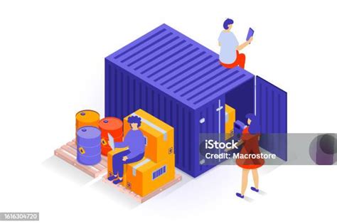 3d 등각 투영 설계의 운송 및 물류 개념입니다 컨테이너에 상자를 싣고 배럴과 판지 패키지를 배달하는 사람들 웹 그래픽을 위한 등각측정 장면이 있는 벡터 그림 3차원 형태에