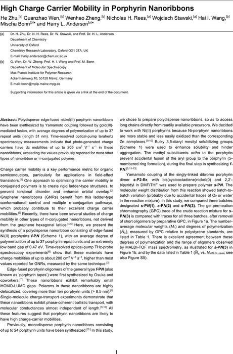 High Charge Carrier Mobility In Porphyrin Nanoribbons Materials Chemistry Chemrxiv