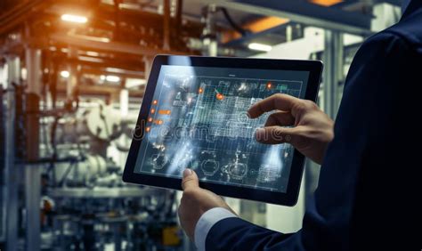 Engineer Hand Using Tablet With Machine Real Time Monitoring System Software Stock Illustration
