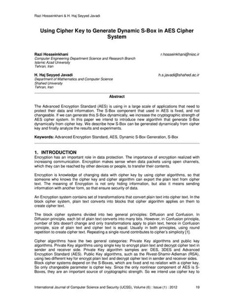 using cipher key to generate dynamic s box in aes cipher system pdf