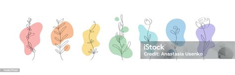 추상 벡터 플랫 한 라인 아트 일러스트 레이 션 세트 연속 라인 꽃 잎 및 장미 식물 실루엣 무지개 색상에 배경에 스플래쉬 포스터 배너를 위한 개념 디자인 라인아트에 대한