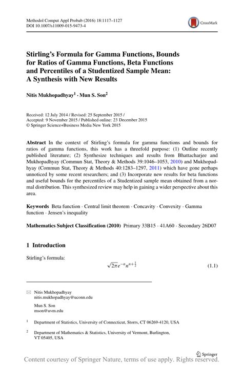 Stirlings Formula For Gamma Functions Bounds For Ratios Of Gamma Functions Beta Functions And