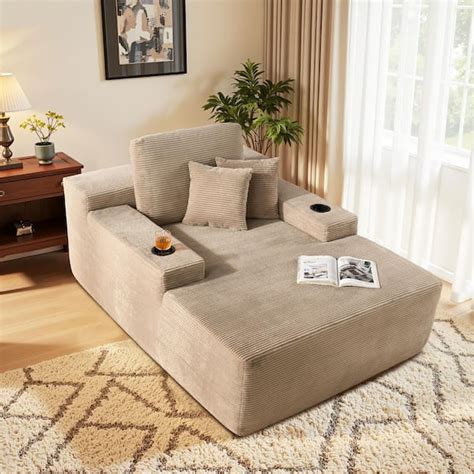Allwex Jot 67 In Square Arm Corduroy Rectangle Chaise Lounge Sleeper Sofa Bed With Pillows And