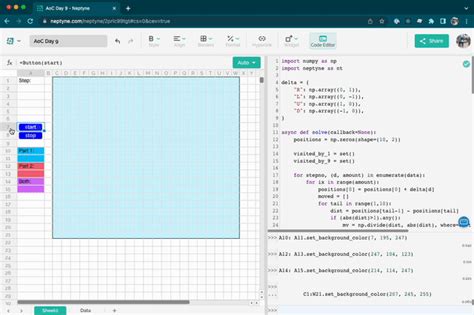[2022 day 9 parts 1 and 2 ] [spreadsheets python] now with color