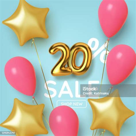 풍선과 별과 현실적인 3d 골드 번호로 만든 20 할인 프로모션 판매 황금 풍선의 형태로 번호 벡터 풍선에 대한 스톡 벡터 아트 및 기타 이미지 Istock
