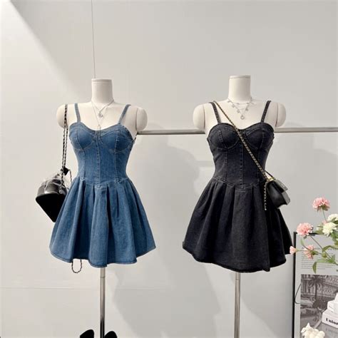 이프유마인 페미닌바캉스룩 여름 러블리 하이틴 슬림 데님 청 리본 핀턱 A라인 플레어 플리츠 슬립 뷔스티에 나시 미니 원피스 2color