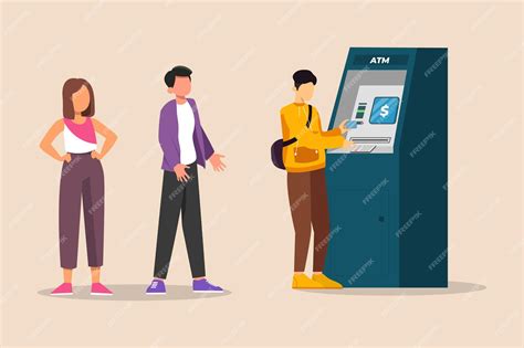 premium vector view of people waiting queue at the atm machine atm