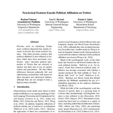 Non Lexical Features Encode Political Affiliation On Twitter Acl Anthology