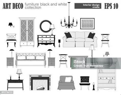 거실 가구 세트입니다 아트 데코 컬렉션입니다 현대적인 디자인 인테리어 요소 소파 침대 보 루 액세서리 램프 샹들리에 플로어 램프 안락의 자 테이블 가슴 찬 장 벽난로 벡터