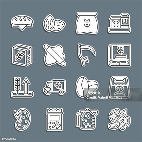세트 라인 씨앗 식물의 씨앗으로 가득 찬 팩 책 가방 가루 반죽에 롤링 핀 밀가루 팩 빵 덩어리 및 낫 아이콘 벡터 가방에 대한 스톡 벡터 아트 및 기타 이미지 Istock