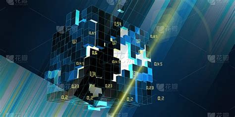 抽象可视化分析算法大组立方体数据。量子虚拟加密。虚拟现实概念线框框，模糊线和辉光。商业、科技旗帜。人素材 花瓣网