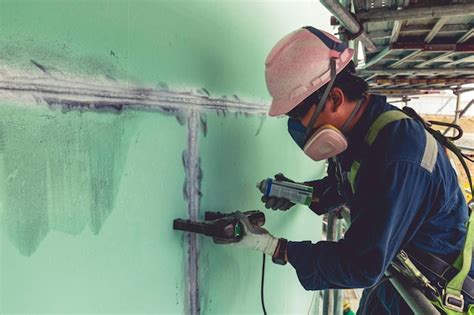 남성 작업자 테스트 강철 탱크 맞대기 용접 탄소 쉘 플레이트 저장 탱크 오일 자기장 테스트 작업 높이 전신 하네스 프리미엄 사진