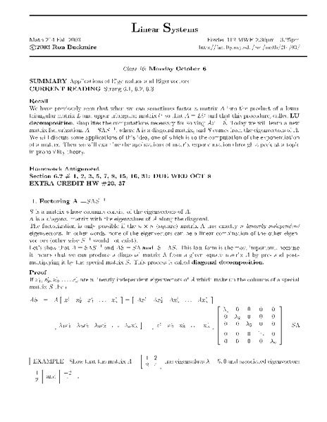 Linear Systems Applications Of Eigenvalues And Eigenvectors Worksheet