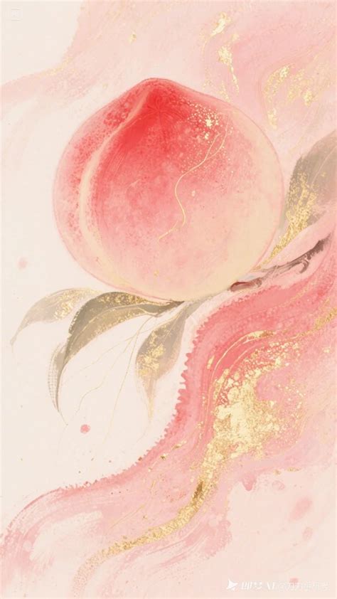 金箔岩彩，手绘风插画，浪漫古风，印象派，意识流，梦幻色，水墨画，水墨淡彩，湿墨晕染，水墨丹青，大面积晕染，大写意，桃子，朱砂红桃子红金粉，极具观赏性，半透明层，颗粒感，层次感，艺术插画