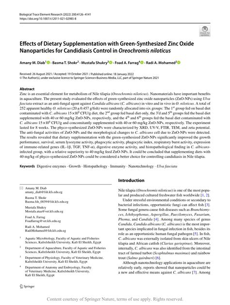 Effects Of Dietary Supplementation With Green Synthesized Zinc Oxide Nanoparticles For