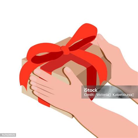 Hands Passing Cardboard T Box With Red Ribbon Stock Illustration