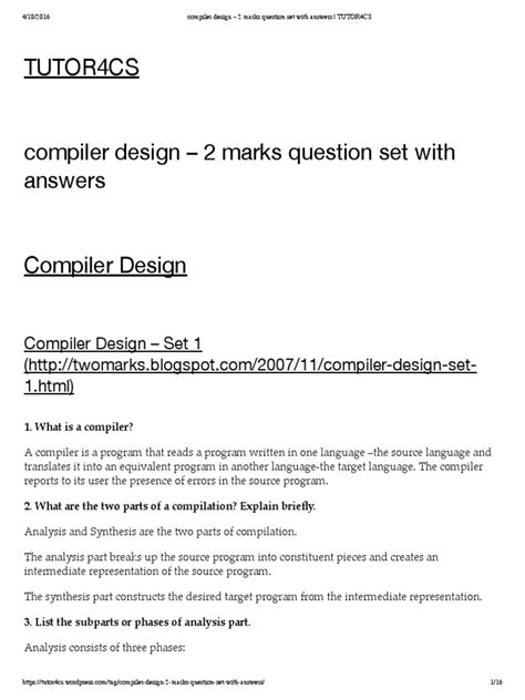 Compiler Design 2 Marks Question Set With Answers Tutor4cs Pdf