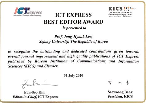 이종혁 교수님 Ict Express Best Editor Award 2020 수상 Protocol Engineering
