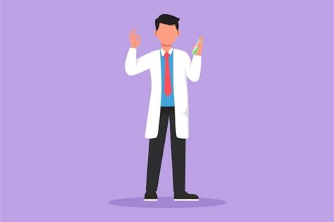 그래픽 플랫 디자인 그리기 남성 과학자가 괜찮은 몸짓으로 서 있고 화학 액체로 채워진 측정 튜브를 들고 있습니다 백신 및 유행성 만화 스타일 벡터 그림에 대한 연구