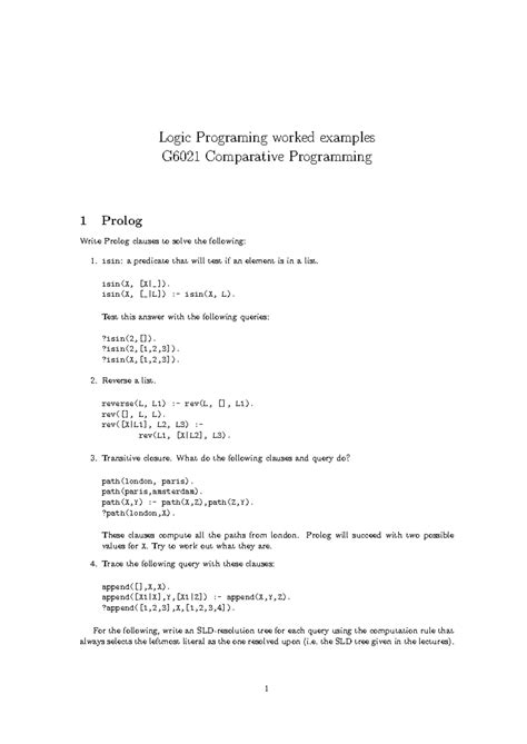 Prolog Worked Examples Logic Programing Worked Examples G6021 Comparative Programming 1