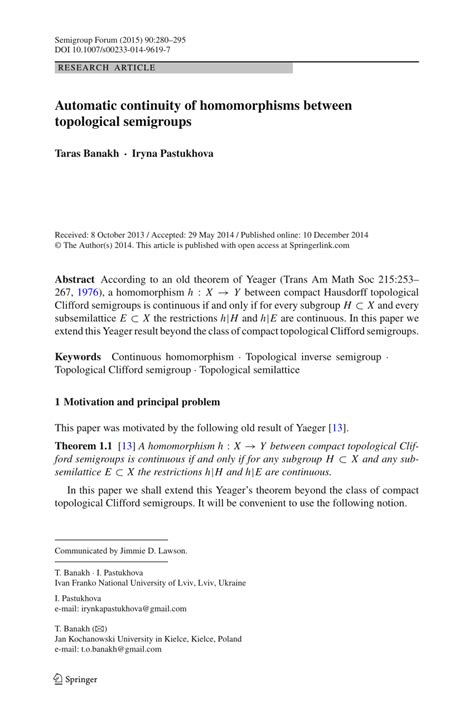 Pdf Automatic Continuity Of Homomorphisms Between Topological Semigroups