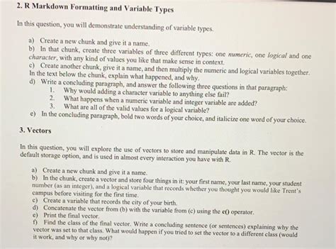 Solved 2 R Markdown Formatting And Variable Types In This