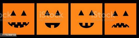 해피 할로윈 호박 세트 라인입니다 재미 소름 웃는 얼굴입니다 귀여운 만화 아기 캐릭터입니다 인사말 카드 검은 색 배경입니다 격리 플랫 디자인 0명에 대한 스톡 벡터 아트 및