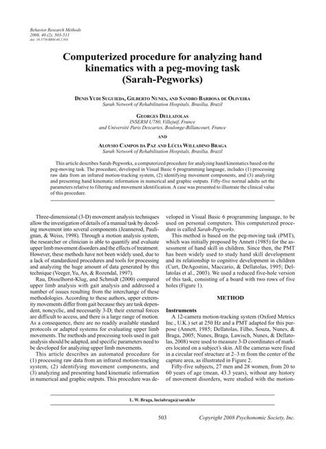 Pdf Computerized Procedure For Analyzing Hand Kinematics With A Peg