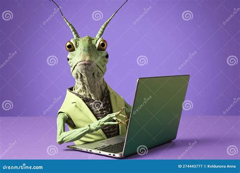 A Happy Grasshopper In A Suit Using A Laptop Created With Generative Ai