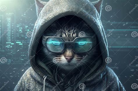 Cute Cat In Hoodie As Cybersecurity Hacker Wearing Vr Goggles In A