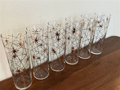 Libbey Safedge Glassware Atomic Galaxy Starburst Collins Glasses Set Of 8 Mcm 7 Etsy