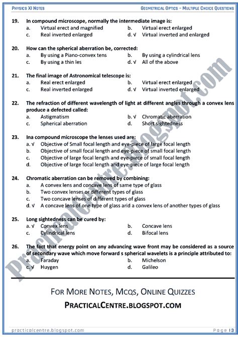 practical centre geometrical optics mcqs physics xi