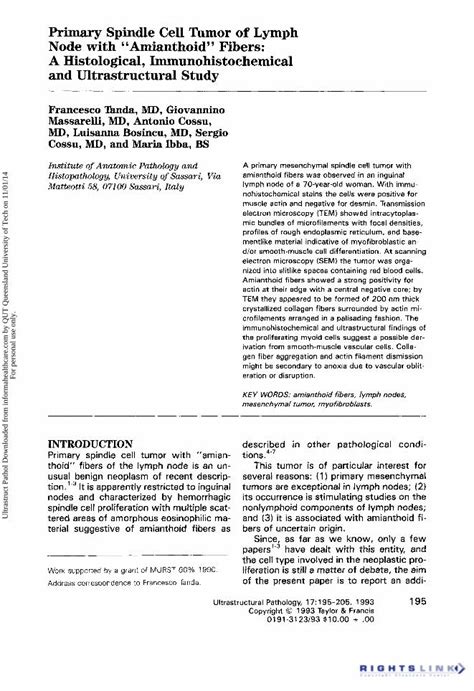 PDF Primary Spindle Cell Tumor Of Lymph Node With Amianthoid Fibers A Histological