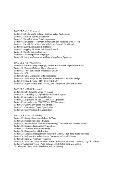 Database Engineering Lecture Notes Of Class Module I 10 Lectures
