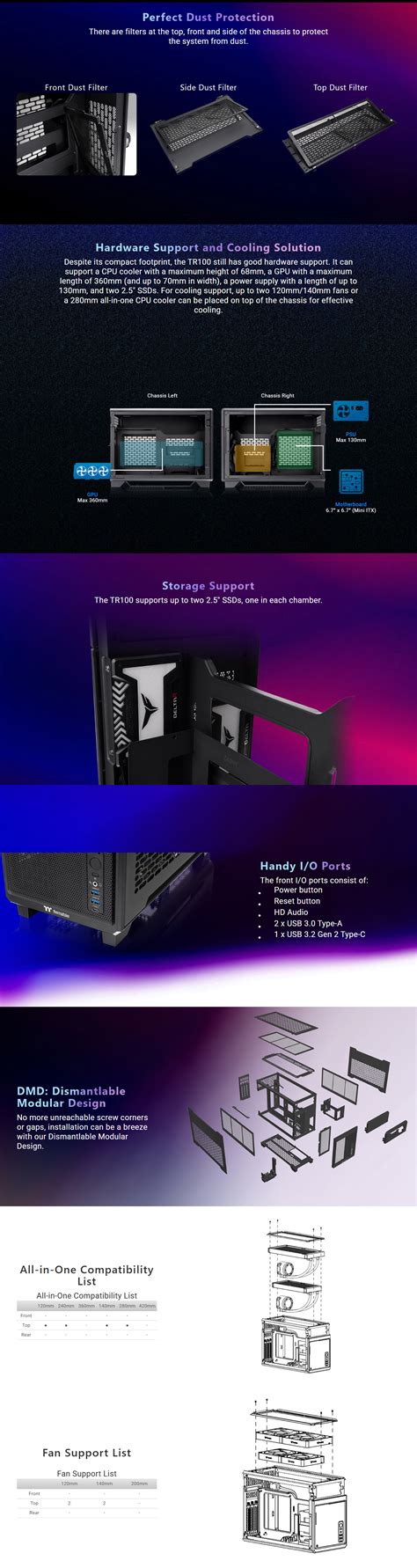 Thermaltake Tr100 Mini Tower Compact Dual Chamber Mini Itx Case Black Ca 11a 00s1nn 00