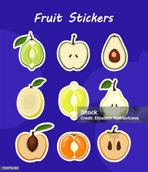 사과 라임 배 아보카도 레몬 복숭아 살구 망고 오렌지 감 반으로 자른 과일 스티커 세트 0명에 대한 스톡 벡터 아트 및 기타 이미지 Istock