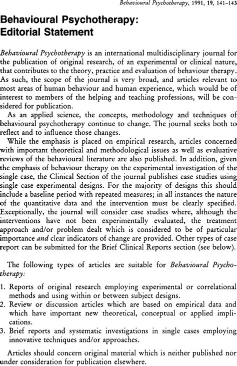 Behavioural Psychotherapy Editorial Statement Behavioural And