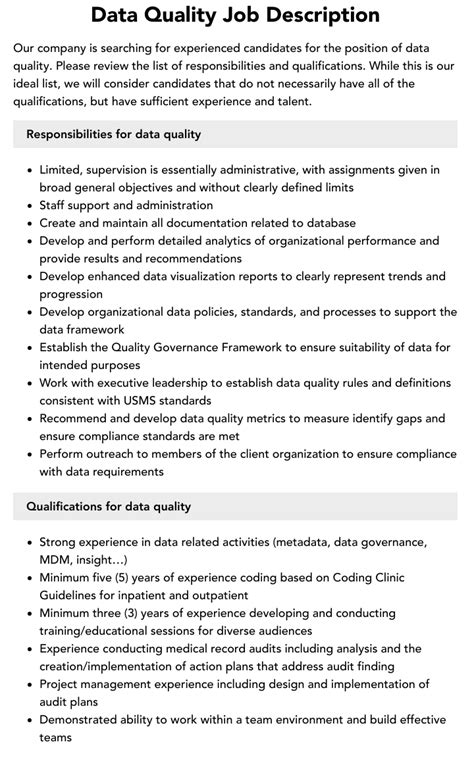 Data Quality Job Description Velvet Jobs