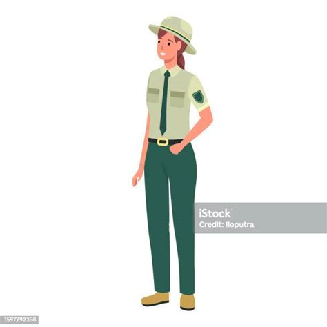 환경 경찰 여성 경찰관 플랫 컬러 벡터 캐릭터 세트 산림 보호 법 집행 요원 웹 그래픽 디자인 및 애니메이션 수집을위한 고립 된