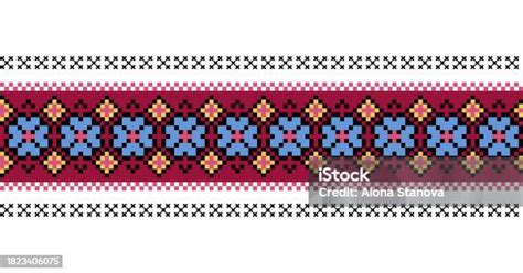 직물 직물 천에 대한 우크라이나어 장식 벡터 원활한 패턴 인쇄 우크라이나 민속 노란색과 파란색의 민족 장식 픽셀 아트 Vyshyvanka 십자수 0명에 대한 스톡 벡터 아트