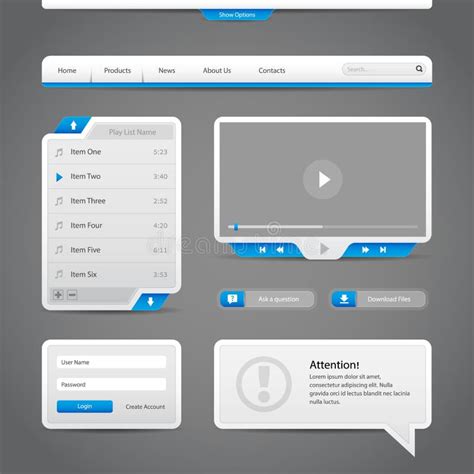 Web UI Controls Elements Gray And Blue On Dark Background Stock Vector Illustration Of Media